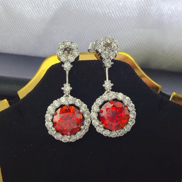 Jewelry | 4 Carat Ruby Red Crystal Drop Earrings With Rhinestone Halo ...